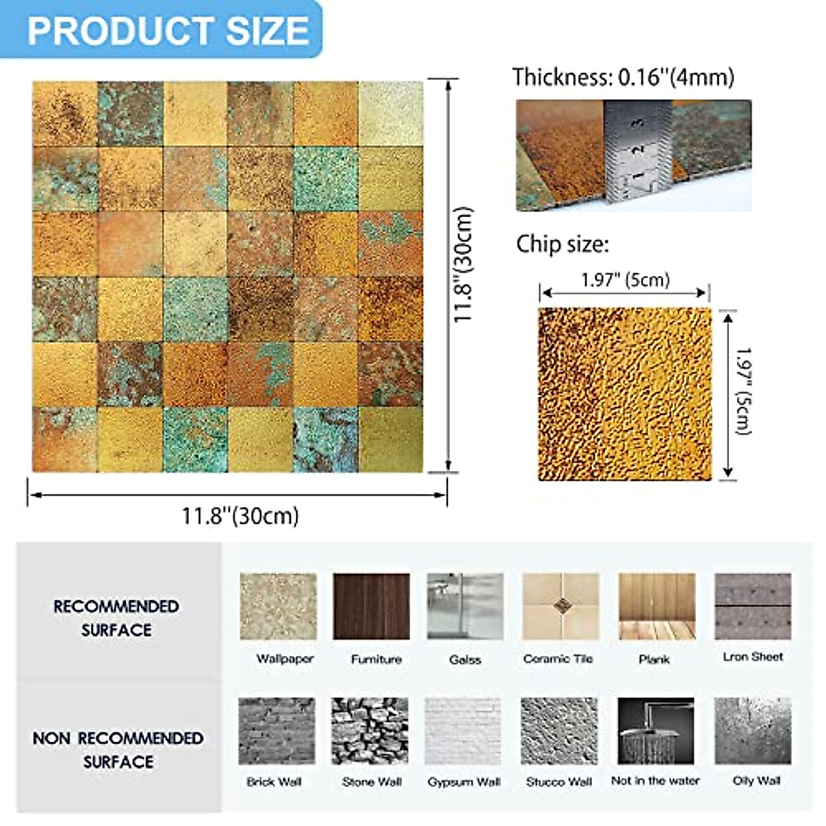 HomeyMosaic Peel and Stick Backsplash Tile Stick on Kitchen Fireplace Bathroom Plaid in Rust Retro Copper,5-Sheet