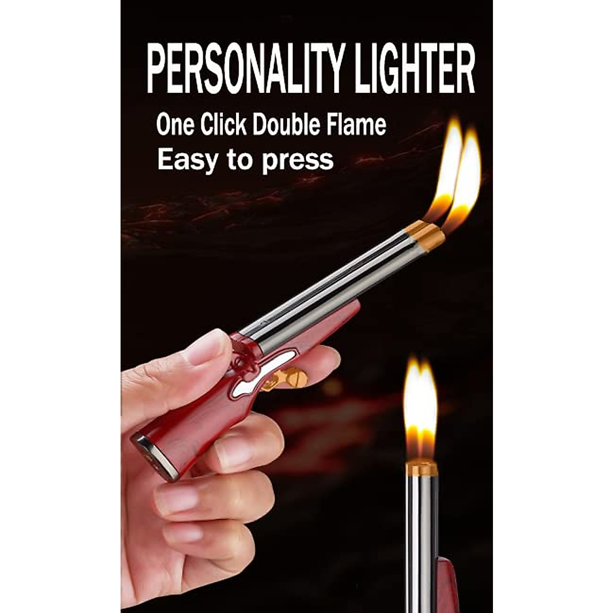 Vbnekose Wood Grain Double-Barrel Butane Lighter, Vintage, Compact, Simulates Double Mouth Open Flame, Press to Ignite, Refillable Adjustable Flame, Gift for Men Candles Camping (No Butane Fuel)