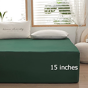 Bedding Twin Size Fitted Sheet Only-Twin Size Deep Pocket Bottom Sheet Fits 15inches Bed Matress Sheet Soft and Microfiber Easy Care-Dark Green