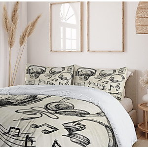 Ambesonne Music Duvet Cover Set, Sketchy Background Hipster Skull Headphones Record Player Mic Speakers Print, Decorative 3 Piece Bedding Set with 2 Pillow Shams, Queen Size, Beige Black