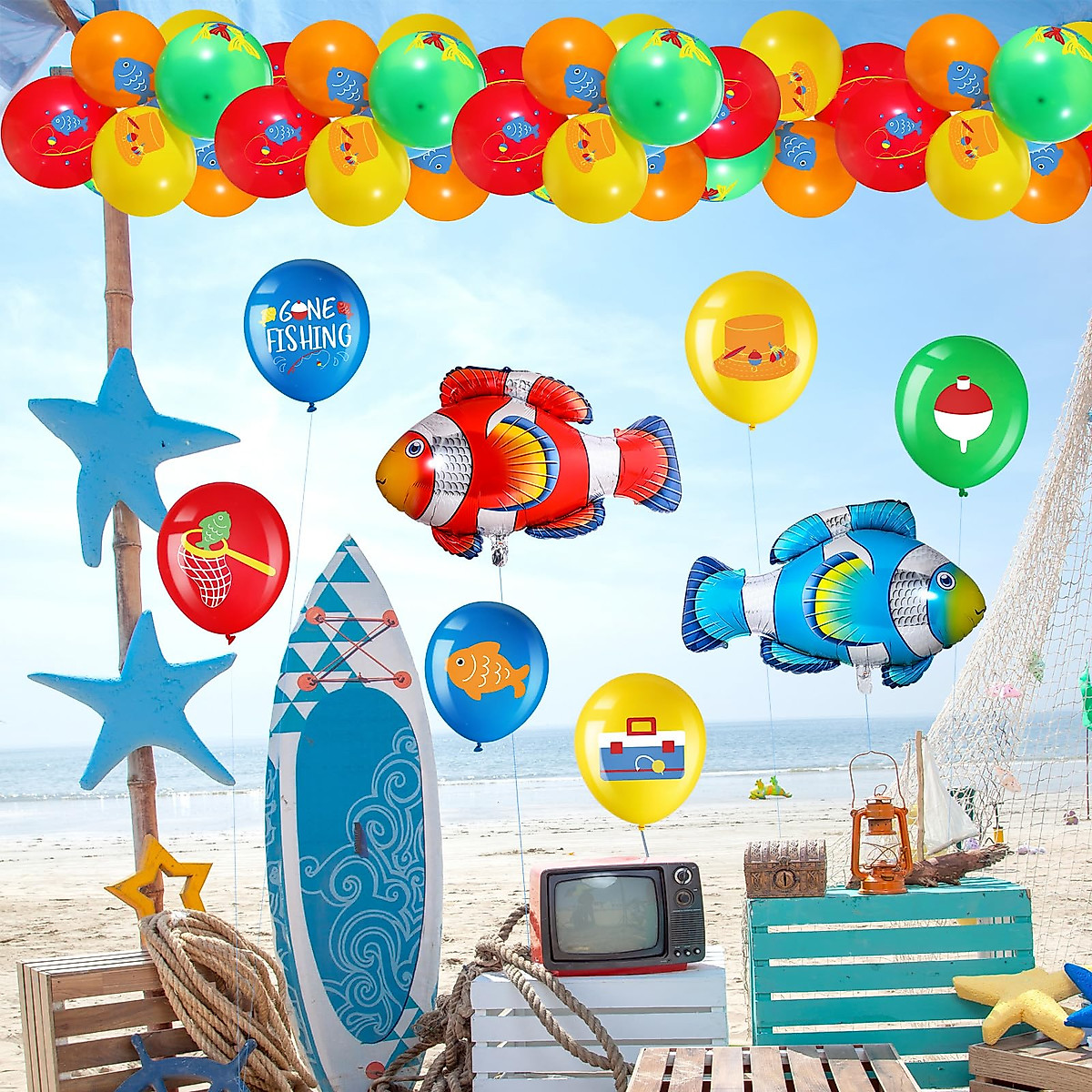 Capoda 38 Pcs Fish Balloons Fishing Birthday Party Supplies Gone Fishing Latex Balloons Fish Bobber Balloons Gone Fishing Party Supplies Clown Fish Foil Balloons Fish Under the Sea Party Decorations