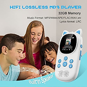 32GB MP3 Player for Kids, 90H Long Battery Life Kids Mp3 Player with Bluetooth 5.0, Oilsky Music Player with FM Radio, HD Speaker, Voice Recorder, Expandable up to 128GB, White & Blue