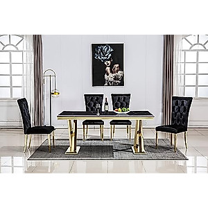 AZhome Dining Chairs, Black Velvet Upholstered Dining Room Chairs in Tufted Design, Modern Glam Gold Stainless Steel Legs, Set of 2
