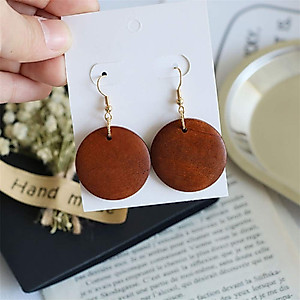 2 Pairs Wooden Earrings for Women - Big Round Circle Geometric Wood Drop Dangle Hook Earrings,Ethnic Wood Drop Earrings Stainless Steel Stud (Brown and dark brown)