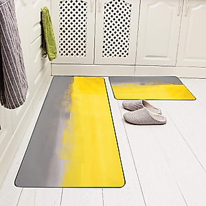 Jesmacti Kitchen Rugs and Mats Washable Yellow and Grey Abstract Art Printing Non-Skid Kitchen Floor Mats 17"x48"+17"x24" Sets 2 Piece Kitchen Rugs for Floor Front of Bed,Laundry Room,Hallway