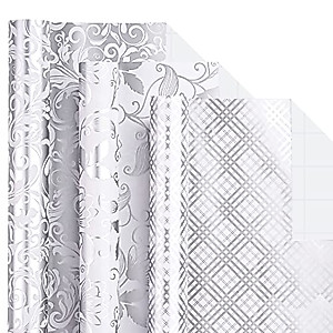LeZakaa Silver Wrapping Paper Roll - Mini Roll - Floral/Bellflower/Plaid for Wedding, Bridal Shower, Birthday - 17 x 120 inches - 3 Rolls (42.5 sq.ft.ttl.)