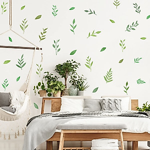 IKEYU Green Leaf Wall Decals Watercolor Leaves Wall Stickers Small Green Leaves Wall Decal Fresh Leaf Wall Sticker for Nursery Bedroom Living Room