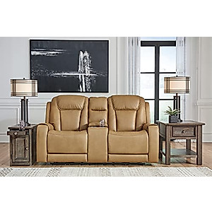 Signature Design by Ashley Card Player Contemporary Faux Leather Tufted Power Reclining Loveseat with Control and Adjustable Headrest, Light Brown