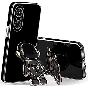 for Oneplus Nord N20 5G Case 6D Plating Astronaut Hidden Stand with Camera Cover,Luxury Glitter Soft TPU Bumper Cute Cartoon Folding Bracket Kickstand Phone Case for Oneplus N20 for Girls Women Black
