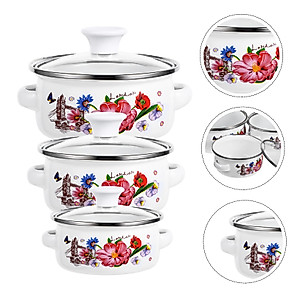 Homoyoyo 3pcs Enamelware Pot Set Enamel Stock Pot with Lid Floral Retro Cooking Pot Vintage Soup Pot Nesting Stew Pot Enameled Steel Cookware for Home Kitchen 12cm 16cm 18cm