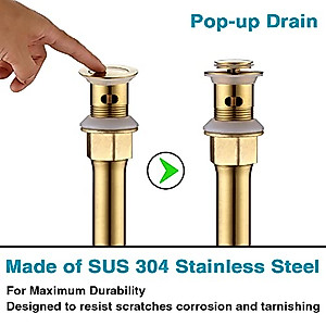 Bathroom Sink Drain with Overflow, Brushed Gold Sink Drain for Bathroom Sink, Universal Stainless Steel Gold Sink Drain, Pop Up Drain Stopper with Detachable Basket