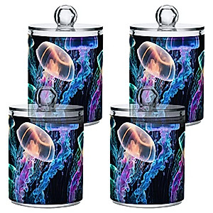Vnurnrn Plastic Jars with Lid (Glowing Sea Jellyfish), Bathroom Vanity Canisters Storage Organizer for Cotton Balls, Swabs, Pads,Bath Salts, 4 Pack