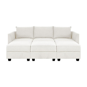 Naomi Home Elizabeth Modular Sofa Sectional Sleeper Couch with Ottoman Linen - 6-Seater Sofa with Storage Seat - Convertible Sectional Sofa Couch Bed for Living Room - White
