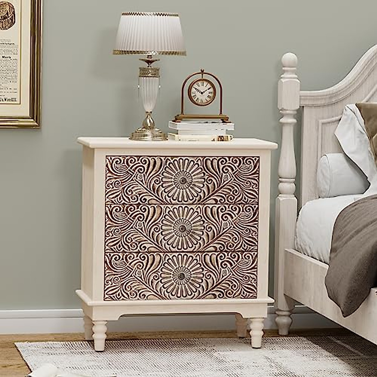 COSIEST 3 Drawers Accent Dresser, Vintage Small Accent Chest with 4 Wood Legs, Free-Standing Buffet Server Nightstand End Table for Bedroom, Living Room, Entryway