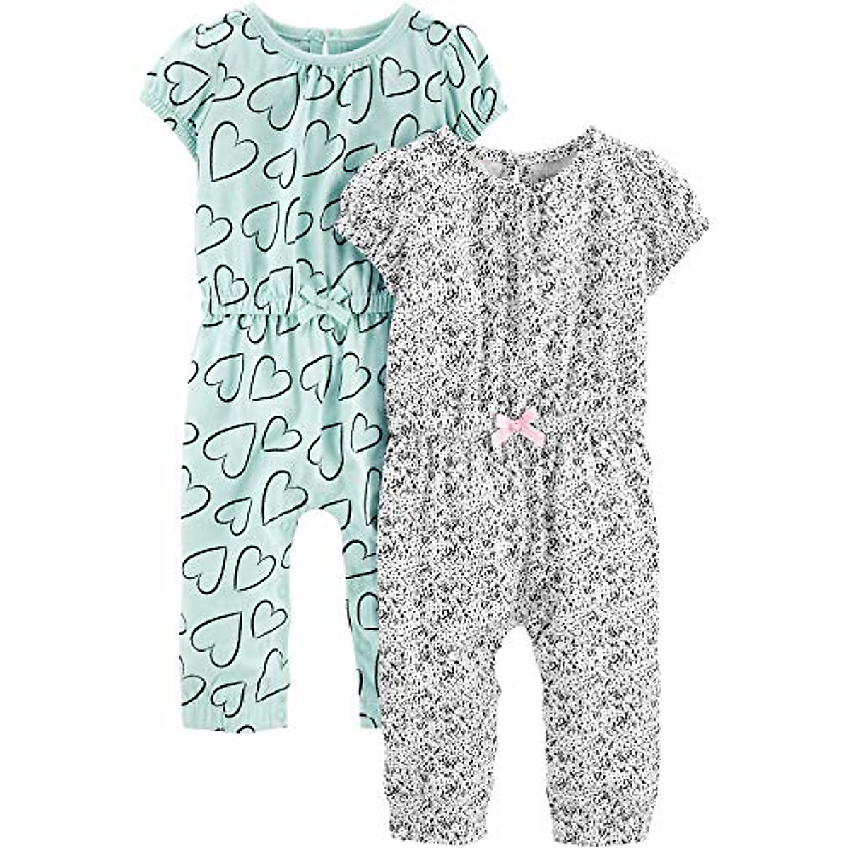 Simple Joys by Carter's Baby Girls' Fashion Jumpsuits, Pack of 2, Grey Dots/Mint Green Hearts, 12 Months