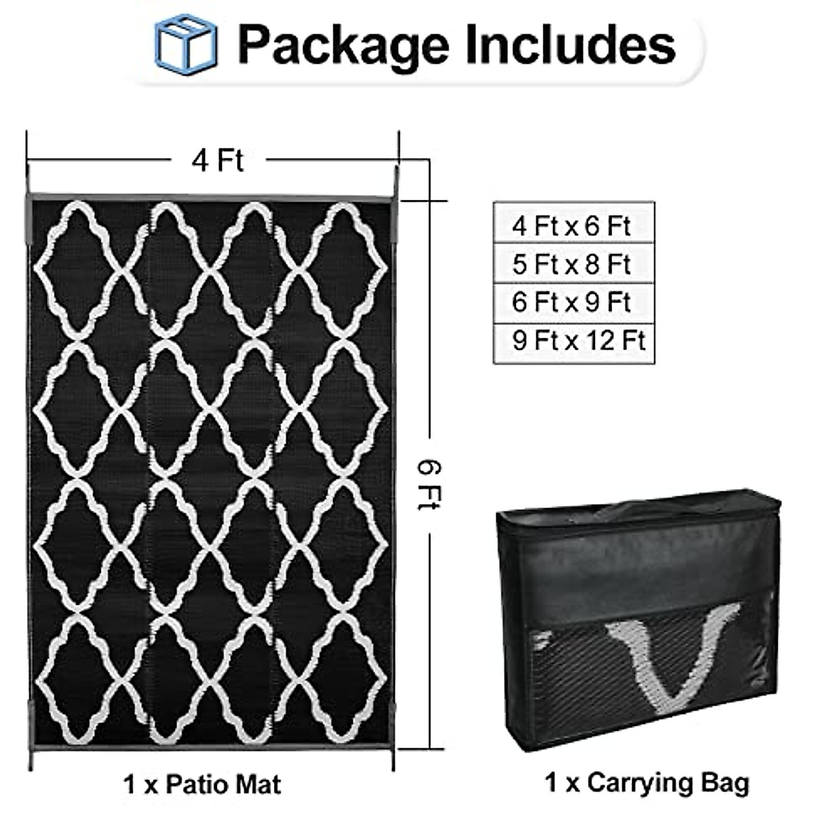 OutdoorLines Outdoor Plastic Area Rugs for Patio 4x6 ft - Reversible Outside Carpet, Stain & UV Resistant RV Mats, Straw Rug for Camping, Deck Garden, Porch and Balcony, Moroccan Black & Light Grey