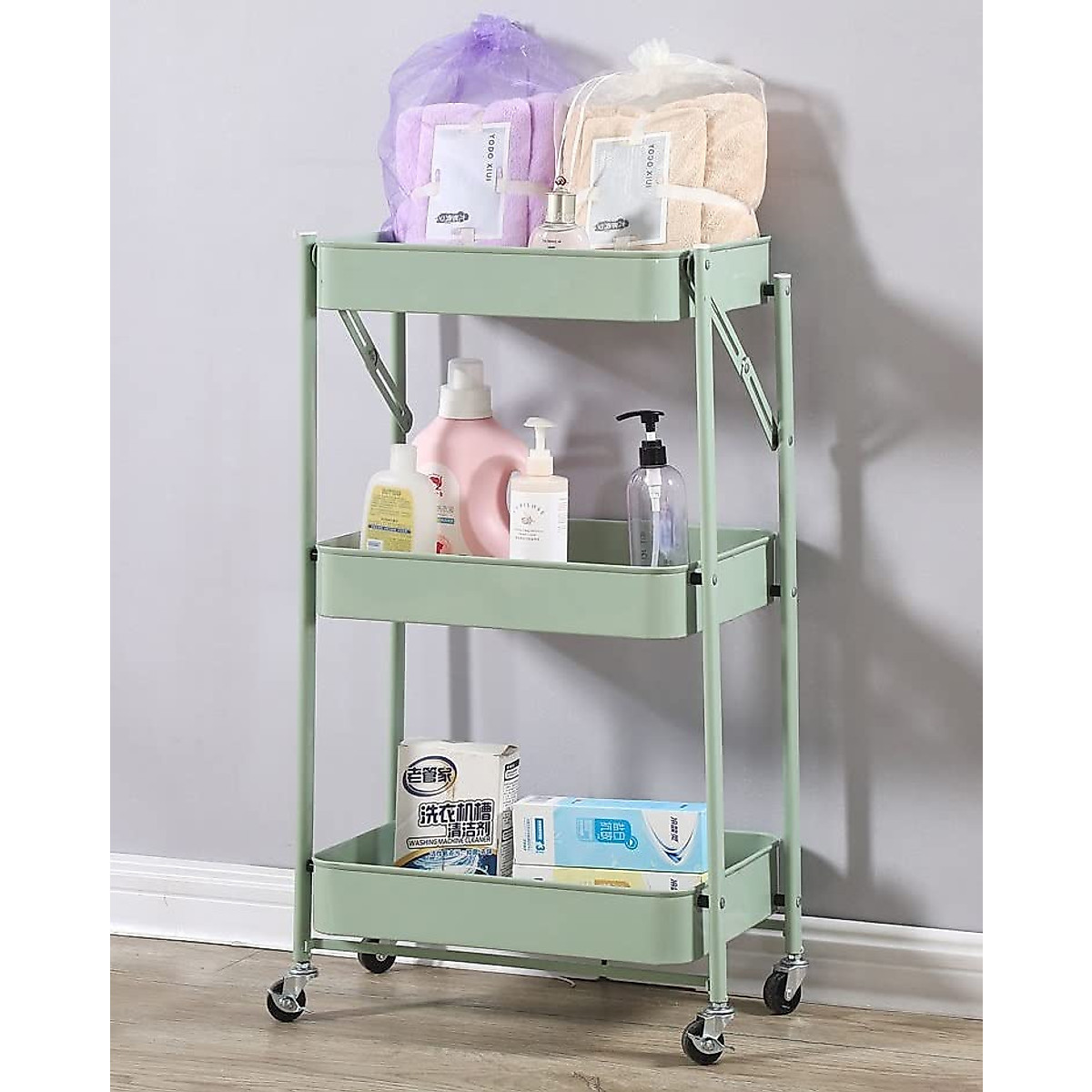 JYDQM Foldable Shelf Floor Kitchen Mobile with Wheel Trolley Storage Car Hand Push Storage Shelf