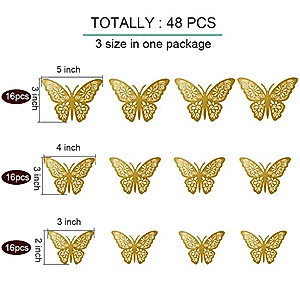 48pcs Gold Butterfly Decorations - Gold Butterfly Wall Decals 3 Sizes Butterfly Stickers for Party Cake Decorations Girls Kids Baby Bedroom Bathroom Living Room Birthday (Gold)