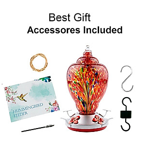 WOSIBO Hummingbird Feeder for Outdoors Patio Large 32 Ounces Colorful Hand Blown Glass Hummingbird Feeder with Ant Moat Hanging Hook, Rope, Brush and Service Card (RED-Firework)