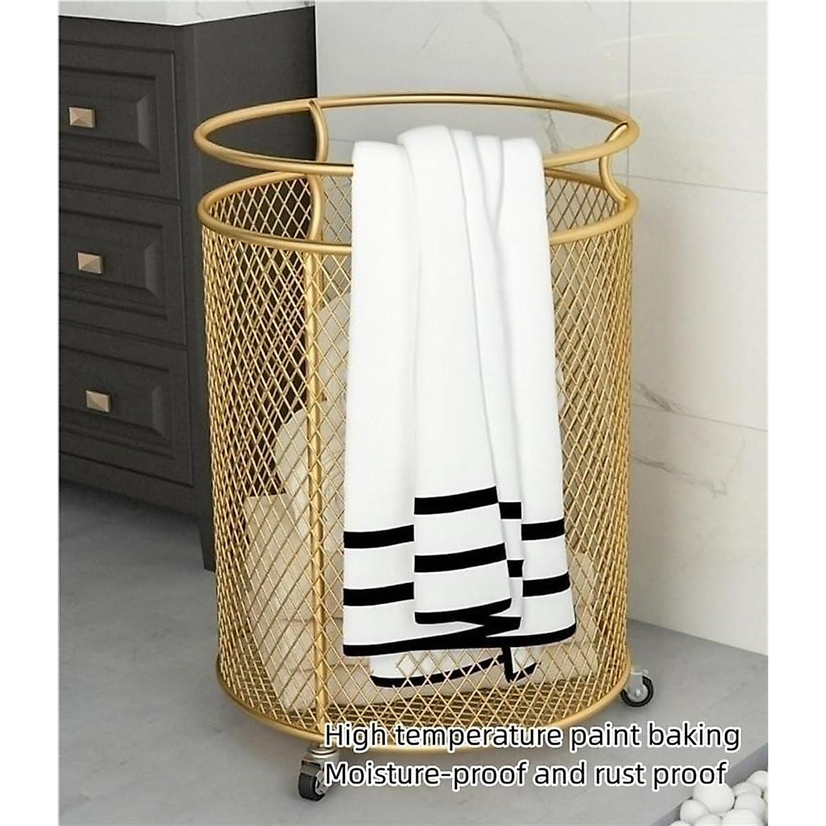 ZYHYZLF Metal Laundry Hamper with Wheels, Laundry Basket, Round Mesh Dirty Clothes Hamper, Laundry Basket Storage for Bathroom Laundry Room Living Room Bedroom or Balcony(Gold)