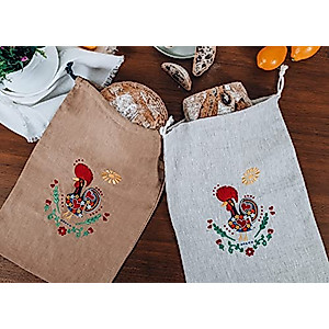 Artisan Linen Bread Bags, Embroidered Set of 2 Large Reusable Bread Bags for Homemade Bread with Drawstring - Gifts for Bakers - Rooster Gifts for Women