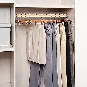 Amber Home 14.17" Solid Natural Wooden Pant Skirt Hangers 10 Pack, Bottom Hangers for Slacks Trousers Jeans with 2-Adjustable Anti-Rust Clips (Natural, 10 Pack)