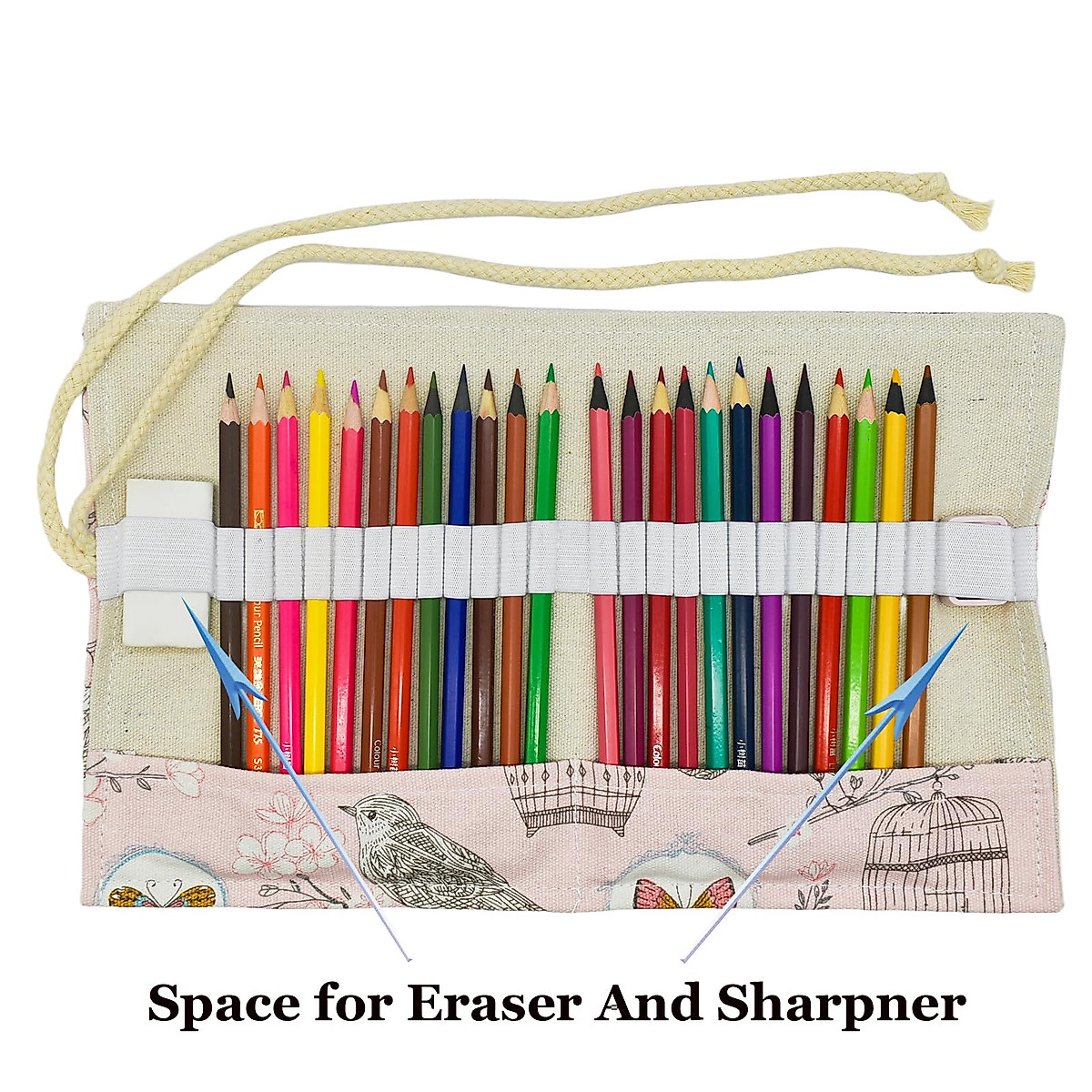 Lopenle Butterfly Colored Pencil Wrap Floral Roll Up Holders Birds Canvas Pencil Organizers for Artist Coloring Travel Storage With 72 Slots(Flower Butterflies Birds)