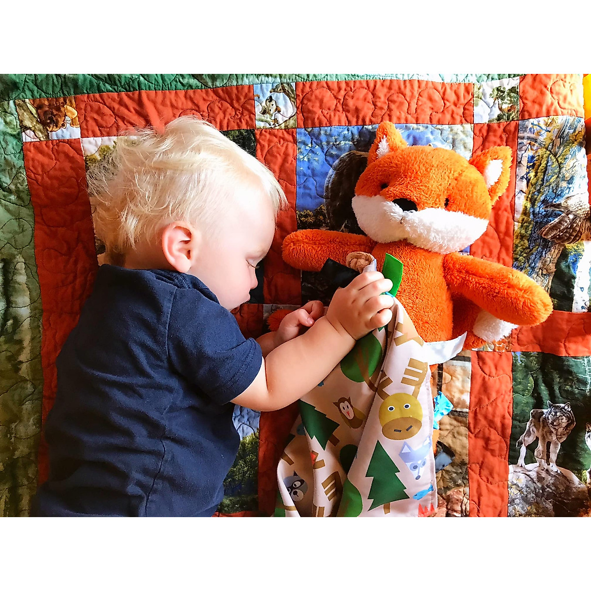 Baby Sensory, Security & Teething Closed Ribbon Tag Lovey Blanket with Minky Dot Fabric: 14”X18” (Forest)