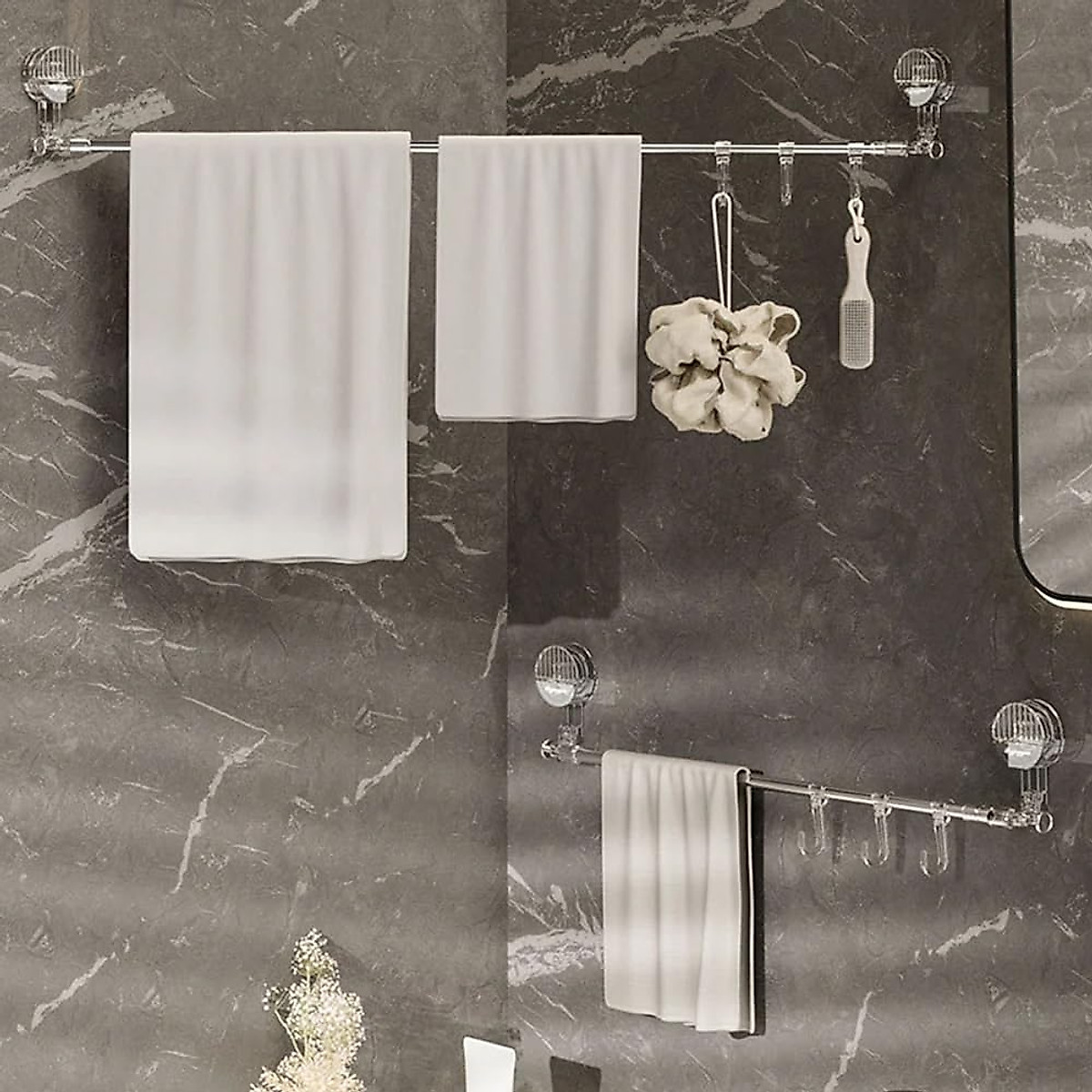 Retractable Towel Rack, Suction Cup Towel Bar with 6 Sliding Hooks, 23-47 Inch Adjustable, Removable Vacuum Suction Towel Holders, Bathroom Wall Washcloth Rack, for Kitchen, Toilet, Shower, Door(Gray)