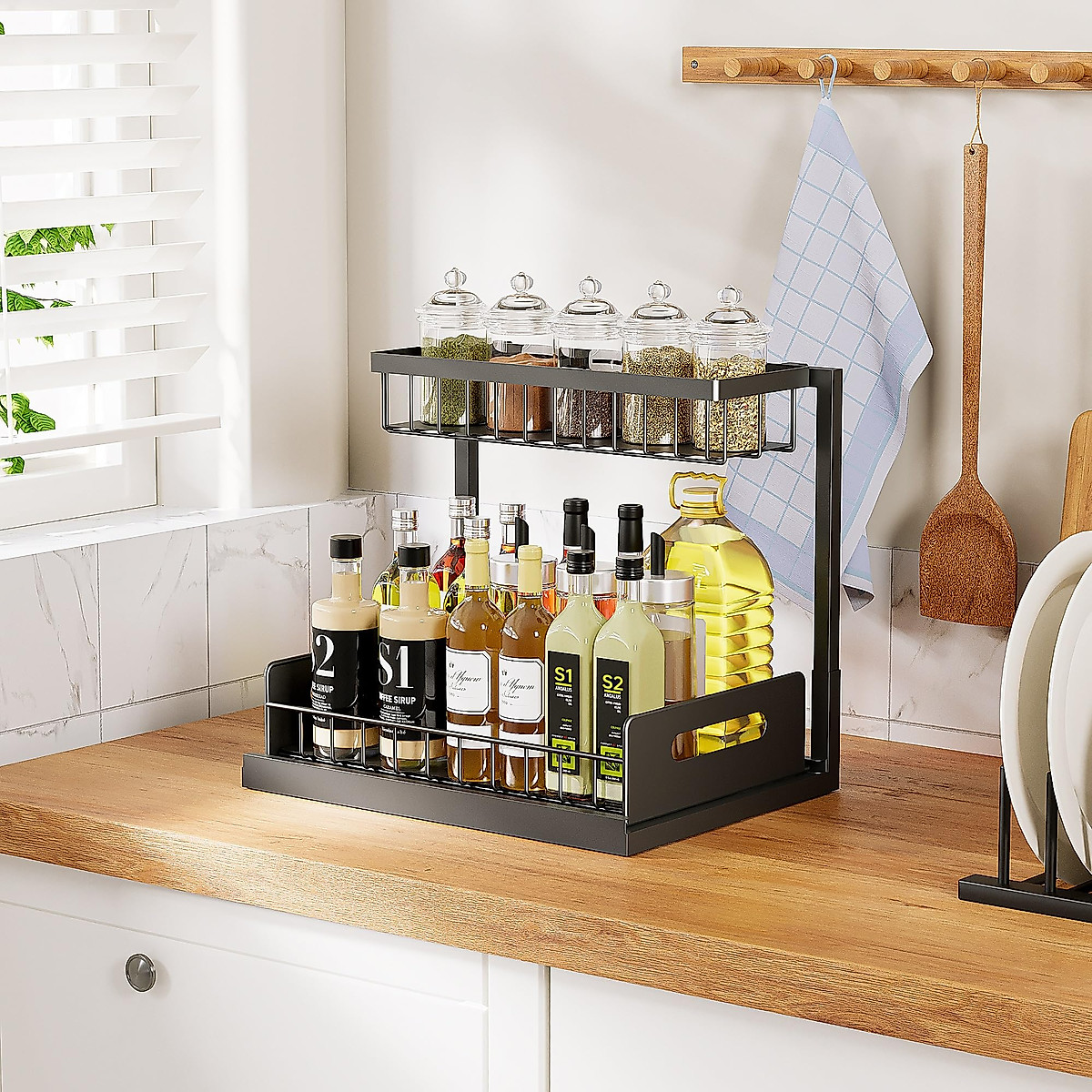 VUSIGN Under Sink Organizer and Storage 2 Pack, Slide Out Cabinet Organizer, Pull Out Sink Shelf for Kitchen Bathroom Laundry, Black