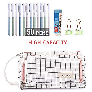 Pencil Case, Yloves Big Capacity Pen Pencil Bag Pouch Box Organizer Holder with 2 PCS Index Tabs for School Office (White Plaid)