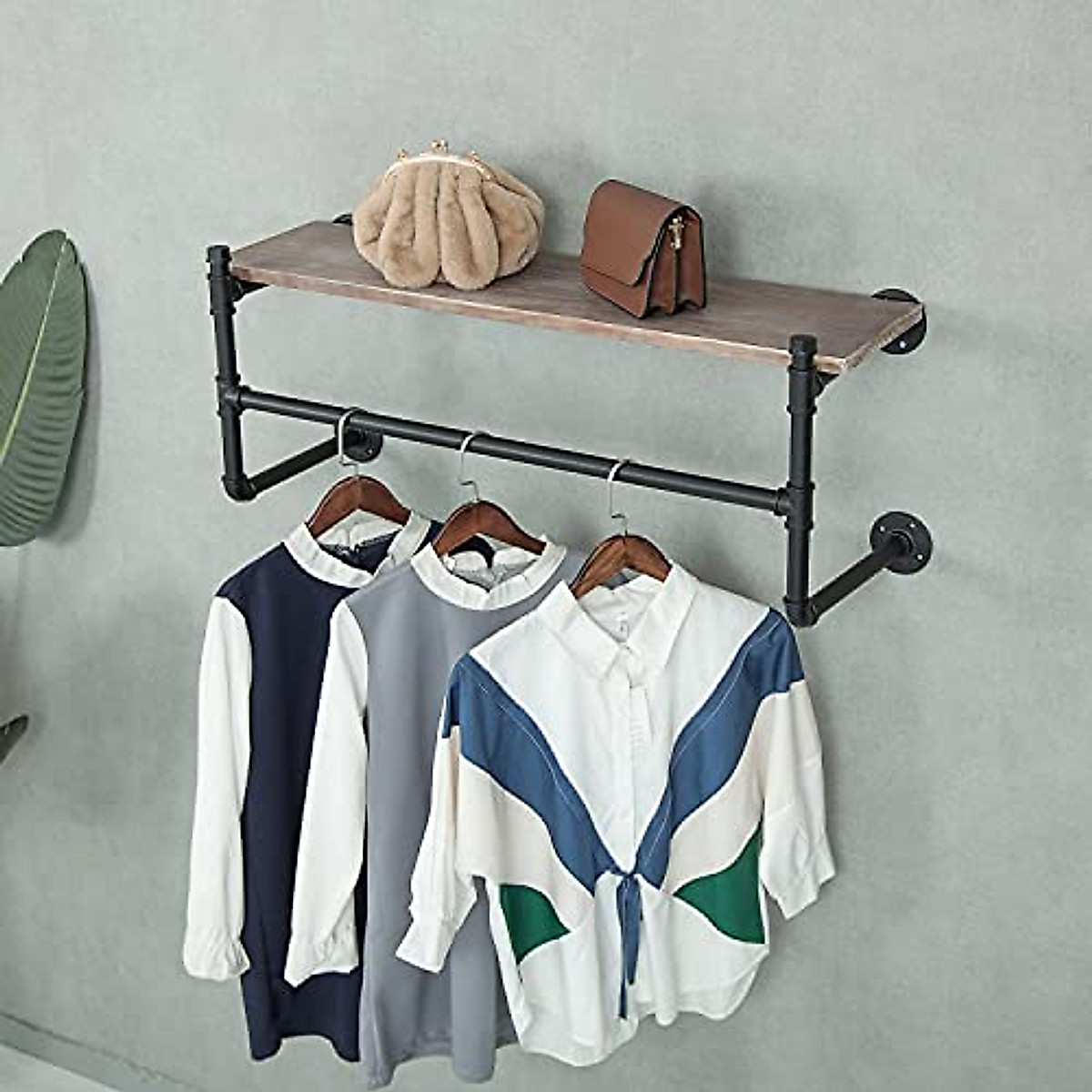 Clothes Rack with Shelf, 36in Industrial Pipe Wall Mounted Garment Rack, Space-Saving Display Hanging Pipe Clothes Rack, Heavy Duty Detachable Multi-Purpose Hanging Rod for Closet Storage(1-Layer)