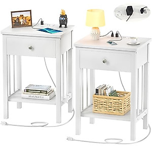 Homykic White Nightstand with Charging Station Set of 2, Bamboo Bedside Table Set with USB Ports and Outlets, Night Stand End Table with Drawer for Bedroom, Living Room, Small Space