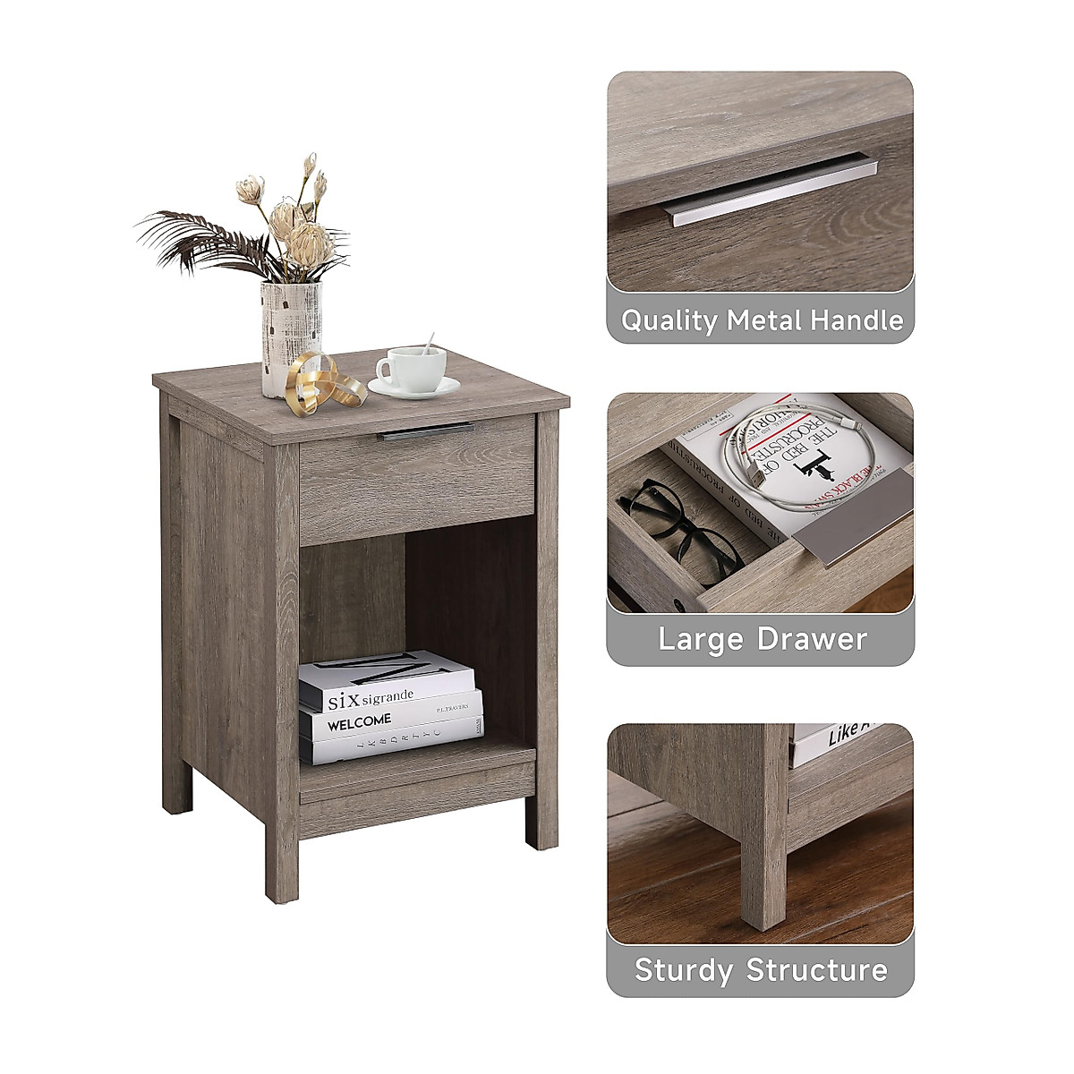 Kavonty Nightstand with Drawer,3-Tier End Side Table with Storage Drawer and Shelf,Modern Bedside Night Stand for Bedroom, Living Room-Retro Rustic Grey