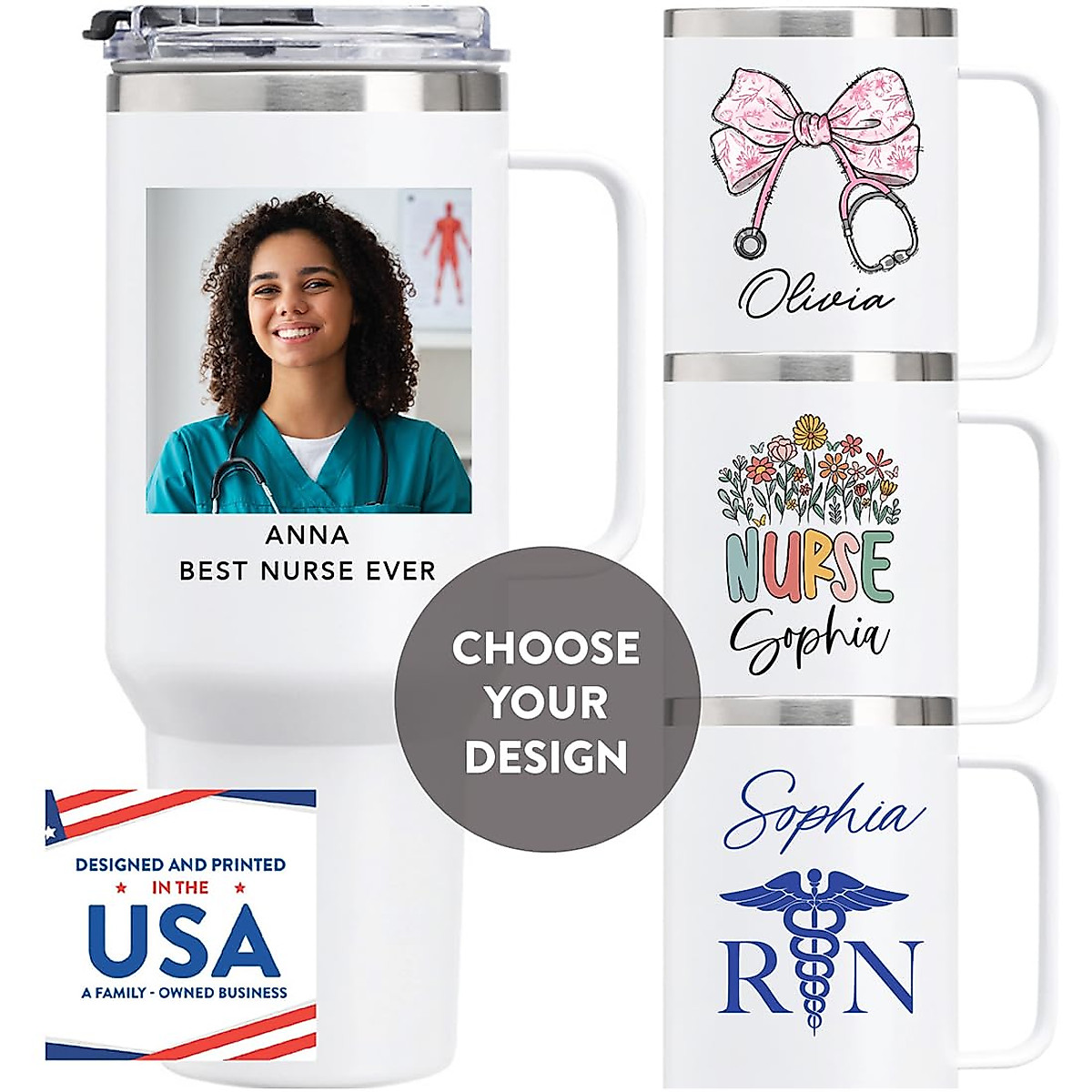 Andaz Press Personalized 40oz Tumbler with Handle, Lid and Straw, Coquette Bow Custom Name 40 oz Tumbler Travel Mug, Nurse Appreciation Gifts Custom Mug with Name Nurse Gifts for Women Nursing Student