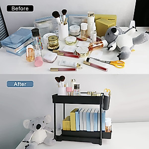 2 Pack Under Sink Organizers and Storage with Sliding Drawer, Multi-Purpose 2 Tier Under Sink Storage Rack Basket for Bathroom Kitchen Cabinet Counter with 4 Hanging Cups and 8 Hooks (Pull Out, Black)