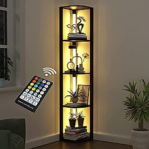 VTRIN Corner Shelf with Light Stand Floor Lamps Modern Home Decor, 5-Tier Display Cabinet Corner Bookshelf Sturdy Storage Stand Floor Lamp with Shelves for Living Room Bedroom Office Small Space