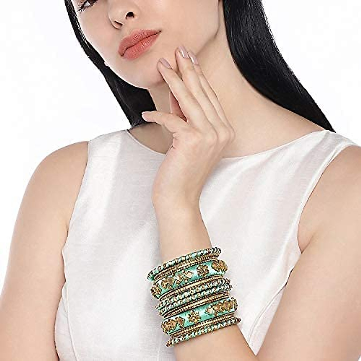 Aheli Ethnic Handmade Silk Thread Faux Stone Studded Bangle Set Chudha Indian Traditional Wedding Wear Fashion Jewelry for Women (Light Green 2.8 Inch)