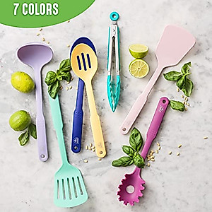 GreenLife Cooking Tools and Utensils, 7 Piece Nylon Set including Spatulas Turner Spoons and Tongs, Dishwasher Safe, Blue