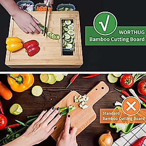 Bamboo Cutting Board with Containers, Lids, Graters, Extra Large Kitchen Cutting Board Set with Stackable Trays for Meal Prep & Storage, Chopping Board with Juice Groove, Easy-grip Hollow Handle