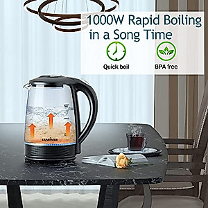 Stariver Electric Kettle, 2L Electric Tea Kettle, BPA-Free Glass Kettle with LED, Hot Water Kettle with Fast Boil, Auto Shut-Off & Boil-Dry Protection, Stainless Steel Inner Lid & Bottom, Black