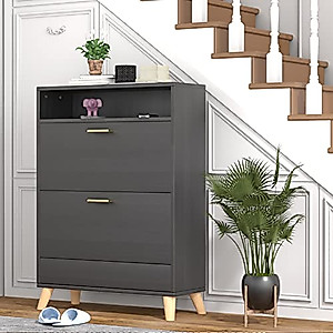 Gyfimoie Shoe Storage Cabinets, Free Standing Shoe Organizer with 2 Flip Drawers for Entryway, Narrow 3 Tier Entryway Hidden Shoe Rack with Doors (Grey)