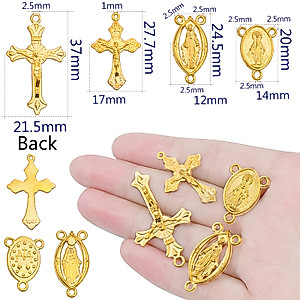 Aylifu 40pcs Golden Rosary Cross Charms and Center Miraculous Medal with Maria Crucifix Cross Pendants and Oval Chandelier Links for Easter Holidays Rosary Jewelry Making, 4 Styles