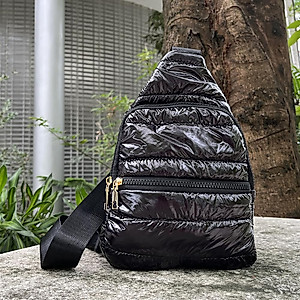 Puffy Sling Bag for Women Men Unisex Quilted Sling Bag Puffer Chest Bag Crossbody Daypack Travel Hiking Small Chest Bag (Black)