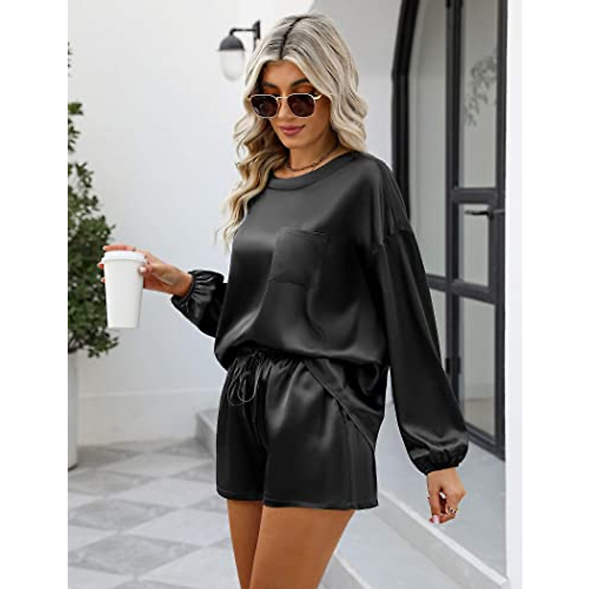 Ekouaer Silk Pajama Set for Women Two Piece Satin Long Sleeve and Shorts Pajama Set Summer Sleepwear Silk Pj Sets Black Small