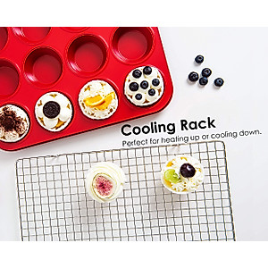 Rorence Nonstick Steel Bakeware Set: Cookie Sheet, Rectangular Cake Pan, 2 Round Cake Pans, Muffin Pan, Loaf Pan & Cooling Rack - Set of 7 - Red