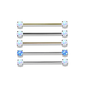 Pierced Owl 14G Stainless Steel Threadless Push-in Prong Synthetic Opal Industrial Barbell (Silver Tone/White Opal)