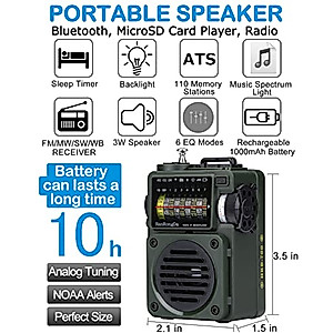 HanRongDa Radio, Bluetooth Speaker Support MicroSD Card, FM MW WB Shortwave Receiver with NOAA Alerts and Sleep Timer, Rechargeable Retro Analog Radios with Backlit and ATS Preset for Camping HRD700