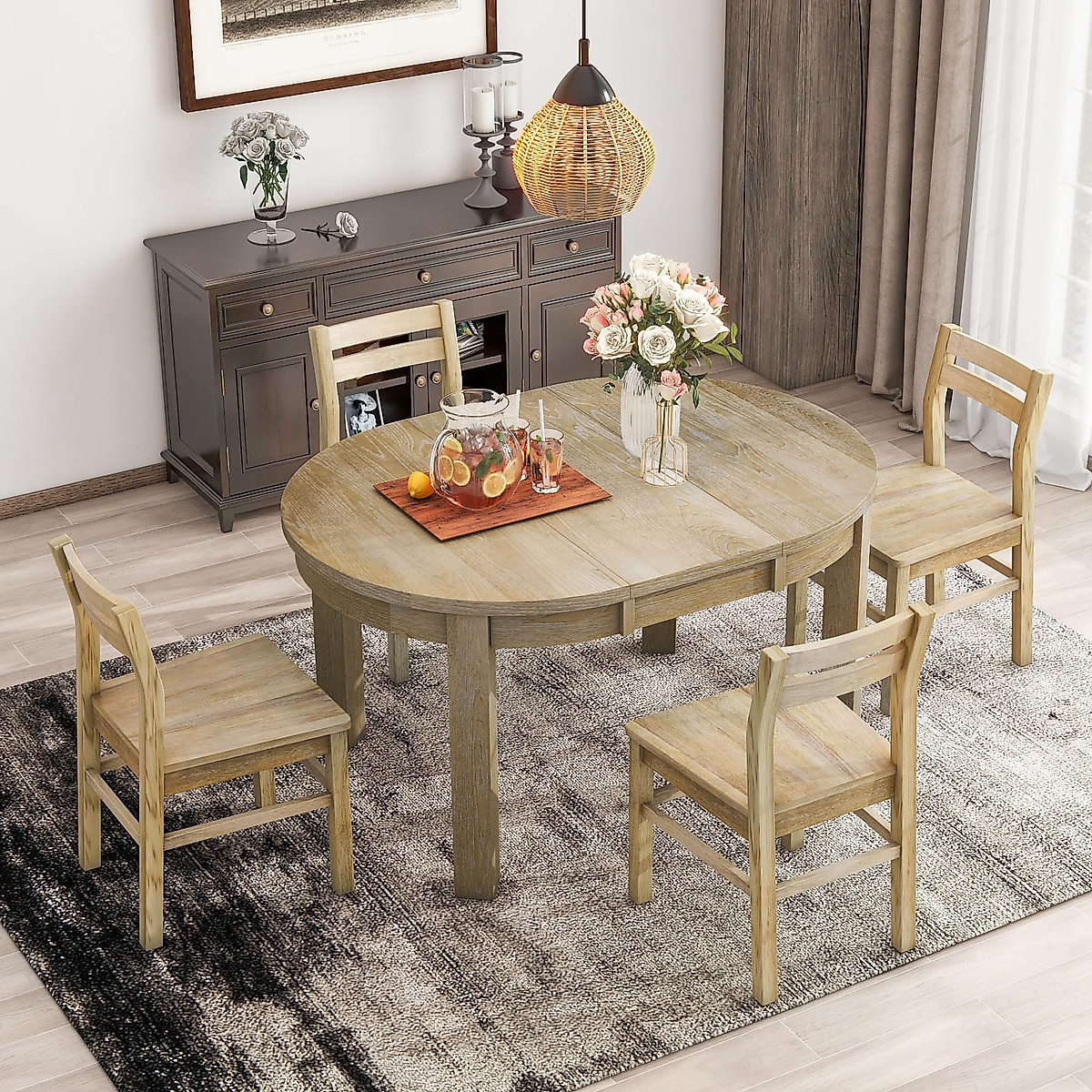 Merax Round Dining Table Set for 4, Extendable Wood Frame with Drawers and Wooden Chairs, Built-in 16" Removable Leaf, Natural