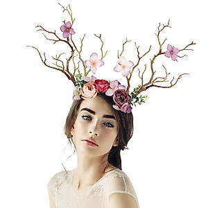 FRESHME Fairy Antlers Flower Crown - Handmade Elf Deer Reindeer Headbands Headpiece for Women Renaissance Cosplay Accessories